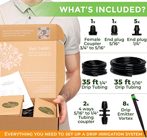 CARPATHEN Irrigation System - Adjustable Premium Drip Irrigation for Small Garden, Potted Plants, Hanging Baskets, Raised Garden Beds, Containers - Complete with Drip Emitters, Tubing and Connectors