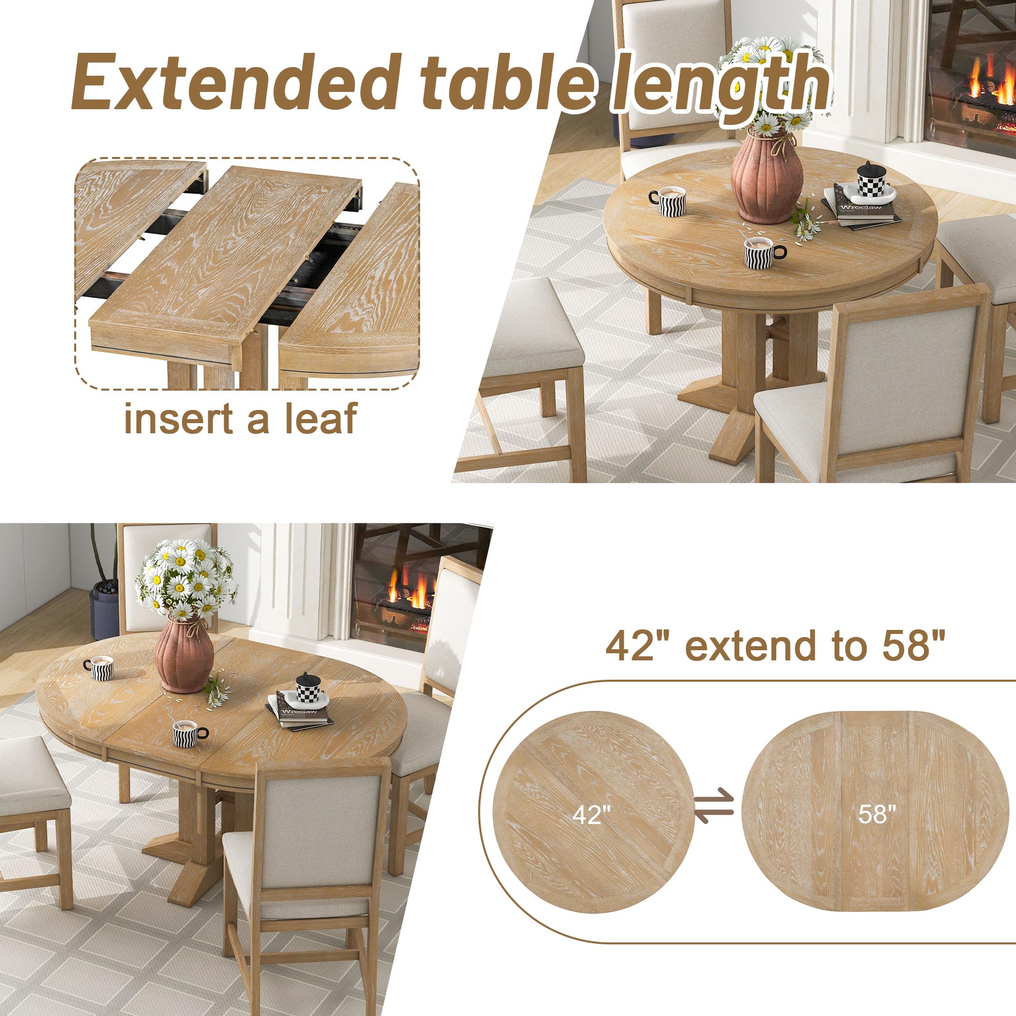 GINGVAT 5-Piece Farmhouse Style Extendable Round Dining Table Set,with 4 Upholstered Chairs,for Living Room,Kitchen, Natural Wood Wash