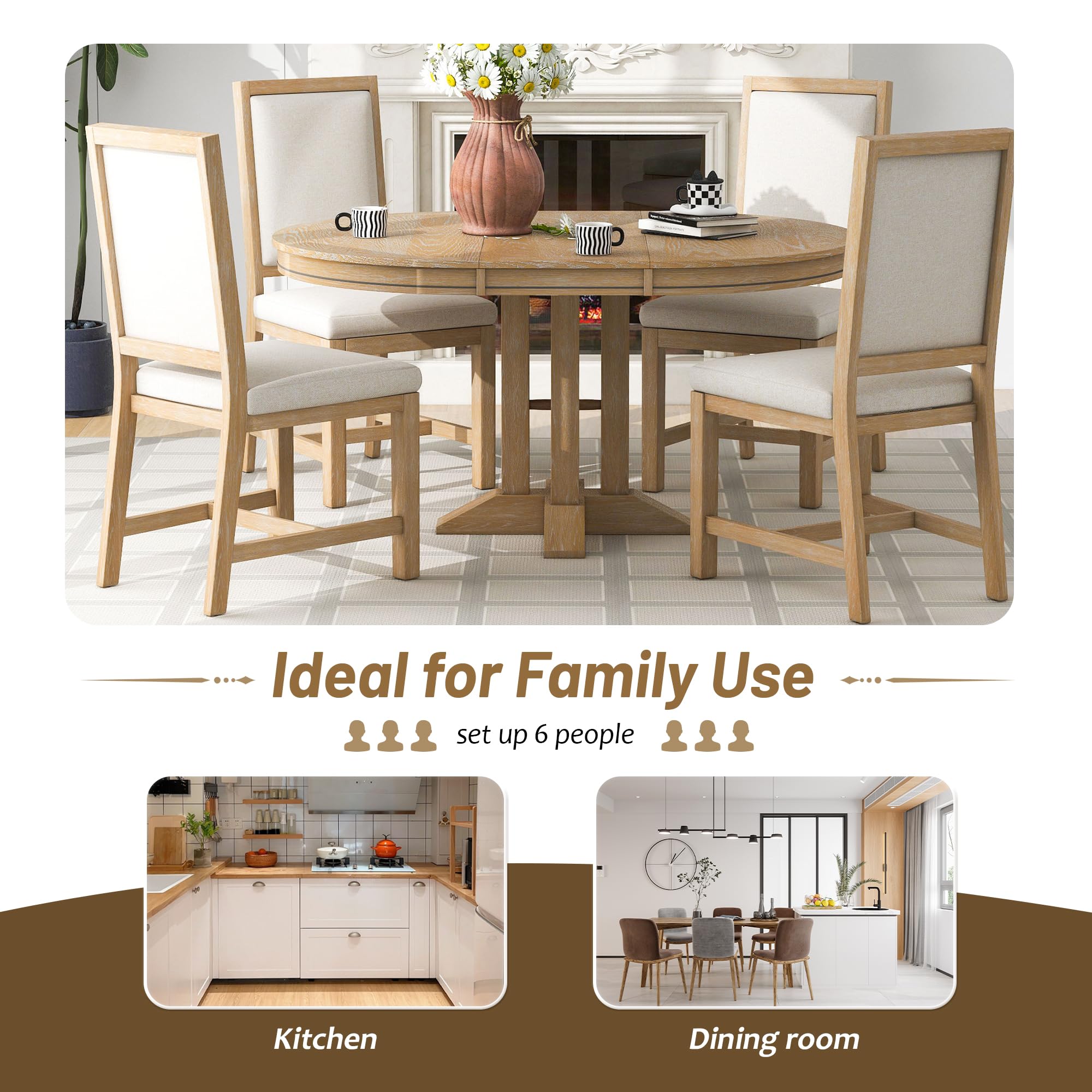 GINGVAT 5-Piece Farmhouse Style Extendable Round Dining Table Set,with 4 Upholstered Chairs,for Living Room,Kitchen, Natural Wood Wash