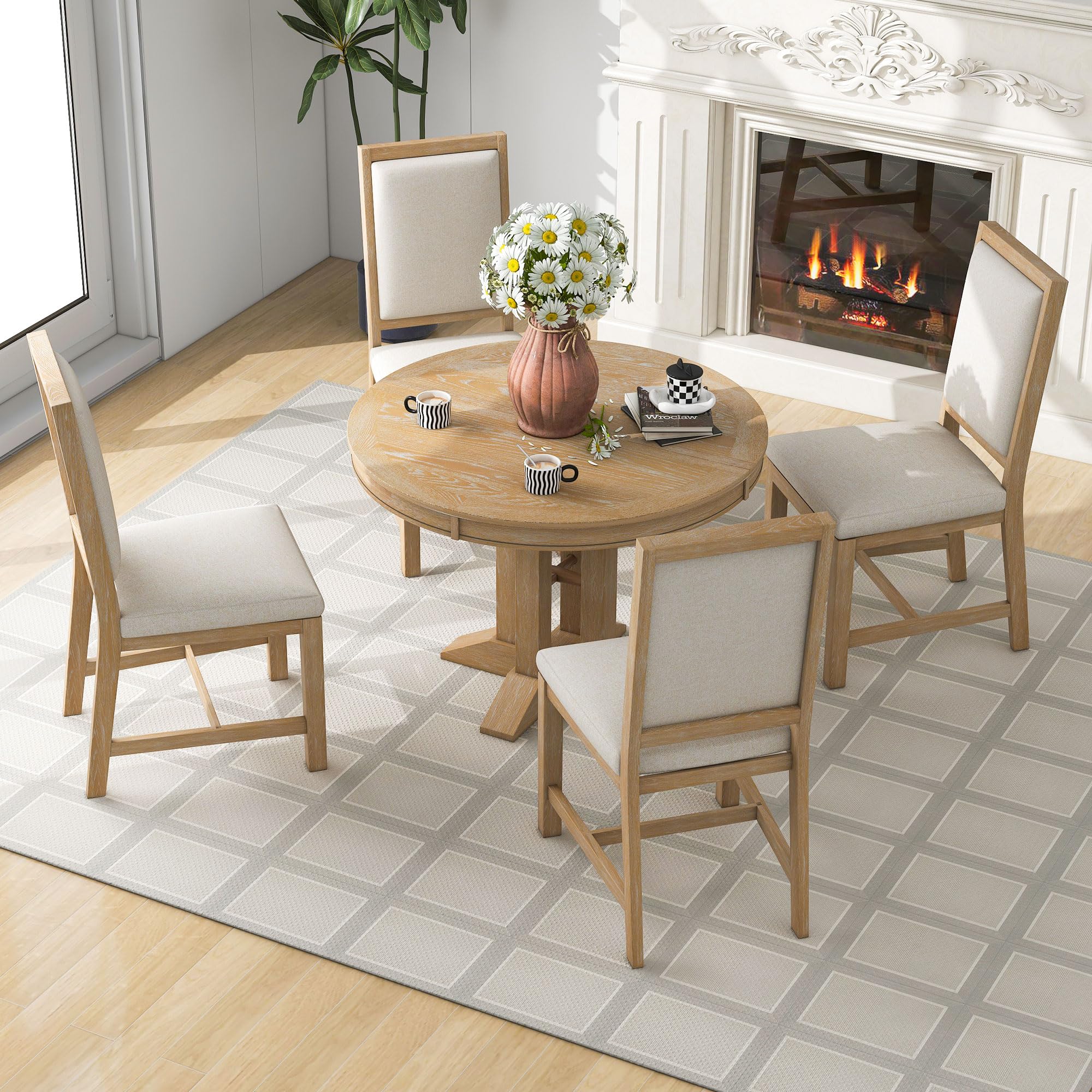 GINGVAT 5-Piece Farmhouse Style Extendable Round Dining Table Set,with 4 Upholstered Chairs,for Living Room,Kitchen, Natural Wood Wash