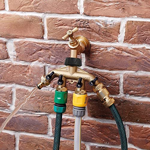 Hourleey Brass 4 Way Heavy Duty Garden Hose Splitter, Water Hose Splitter for 3/4" Hose Connector, Hose Faucet Splitter Hose Spigot Adapter 4 Valves with 4 Rubber Washers & Tape