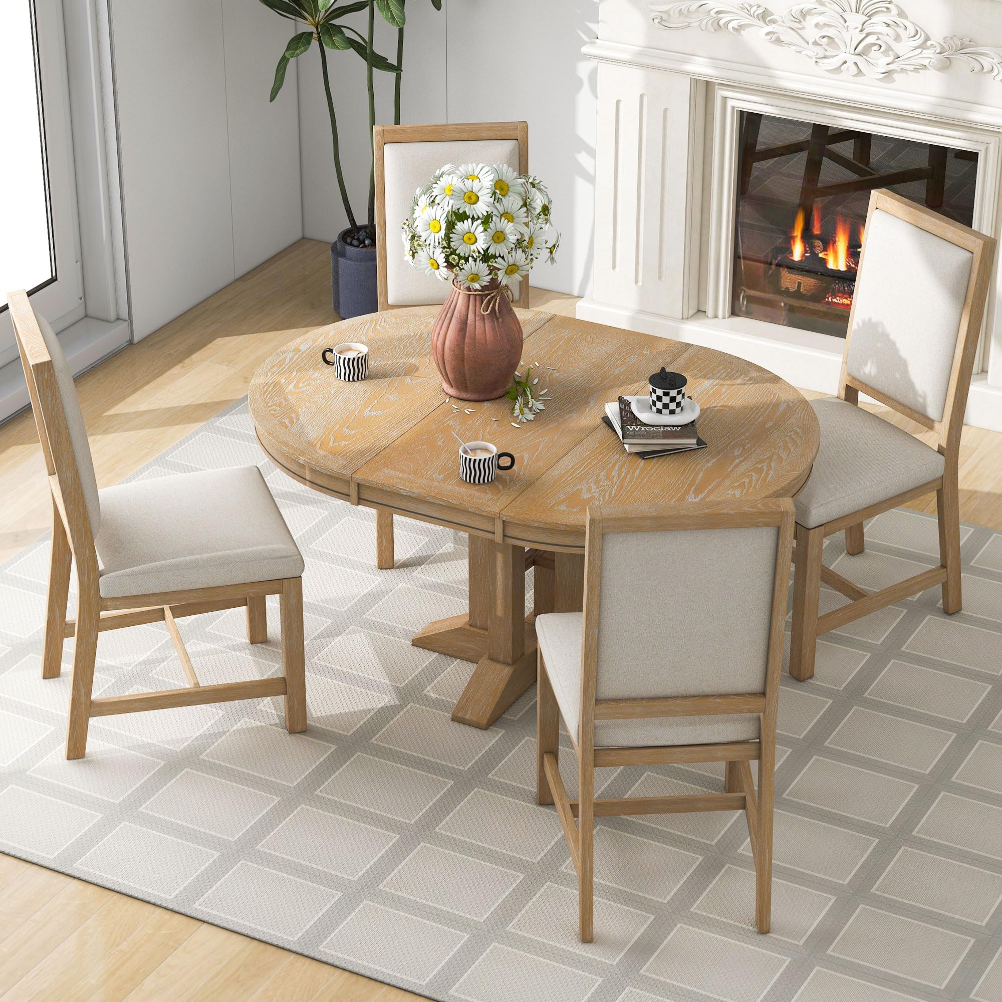 GINGVAT 5-Piece Farmhouse Style Extendable Round Dining Table Set,with 4 Upholstered Chairs,for Living Room,Kitchen, Natural Wood Wash