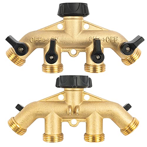 Hourleey Brass 4 Way Heavy Duty Garden Hose Splitter, Water Hose Splitter for 3/4" Hose Connector, Hose Faucet Splitter Hose Spigot Adapter 4 Valves with 4 Rubber Washers & Tape