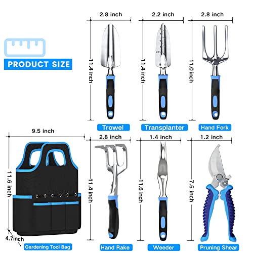 Garden Tool Set, Gardening Gifts for Women & Men,WANCHI 7 Pcs Heavy Duty Aluminum Rustproof Gardening Hand Tools,Blue Gardening Kit (Garden Tote Shovel Hand Rake Fork Weeder Pruner Transplanter)