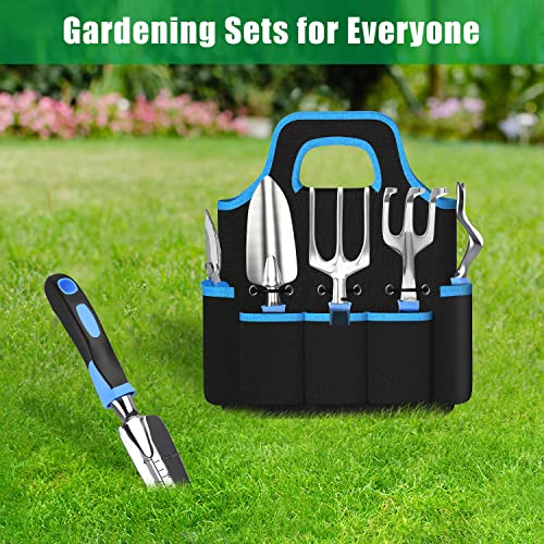 Garden Tool Set, Gardening Gifts for Women & Men,WANCHI 7 Pcs Heavy Duty Aluminum Rustproof Gardening Hand Tools,Blue Gardening Kit (Garden Tote Shovel Hand Rake Fork Weeder Pruner Transplanter)