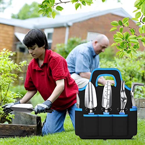 Garden Tool Set, Gardening Gifts for Women & Men,WANCHI 7 Pcs Heavy Duty Aluminum Rustproof Gardening Hand Tools,Blue Gardening Kit (Garden Tote Shovel Hand Rake Fork Weeder Pruner Transplanter)