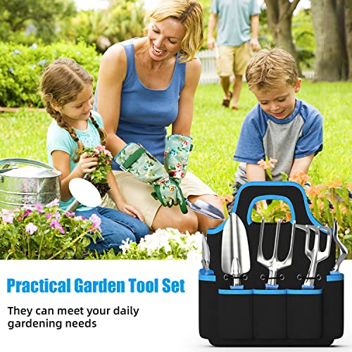 Garden Tool Set, Gardening Gifts for Women & Men,WANCHI 7 Pcs Heavy Duty Aluminum Rustproof Gardening Hand Tools,Blue Gardening Kit (Garden Tote Shovel Hand Rake Fork Weeder Pruner Transplanter)