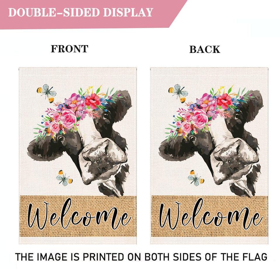LHSION Spring Cow Garden Flag 12.5 x 18 Inch Welcome Floral Decorative Double Sided Burlap Flag For Spring Summer Farmhouse Yard Seasonal Decor