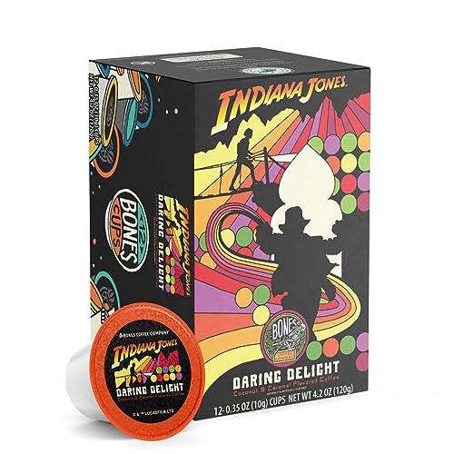 Bones Coffee Company Indiana Jones Daring Delight Flavored Coffee Bones Cups Single-Serve Coffee Pods for Coffee Maker 1.0 & 2.0, Scotcheroo Flavor (12ct)