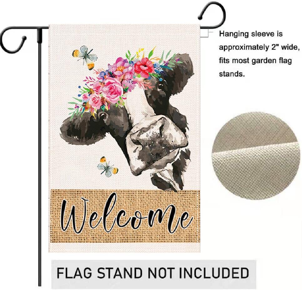 LHSION Spring Cow Garden Flag 12.5 x 18 Inch Welcome Floral Decorative Double Sided Burlap Flag For Spring Summer Farmhouse Yard Seasonal Decor