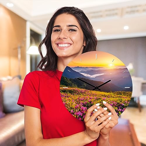 Soul Décor Pink Flower Field Wall Clock, Silent Non-Ticking, Battery Operated Kitchen Clock, Aluminum Composite Face, Suitable for Offices, Bedrooms, and Bathrooms 12 Inch Round