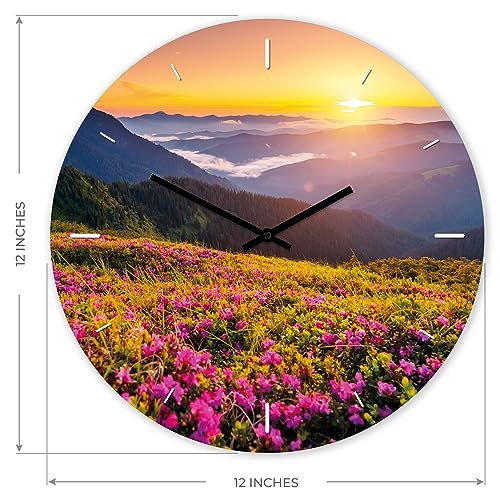 Soul Décor Pink Flower Field Wall Clock, Silent Non-Ticking, Battery Operated Kitchen Clock, Aluminum Composite Face, Suitable for Offices, Bedrooms, and Bathrooms 12 Inch Round