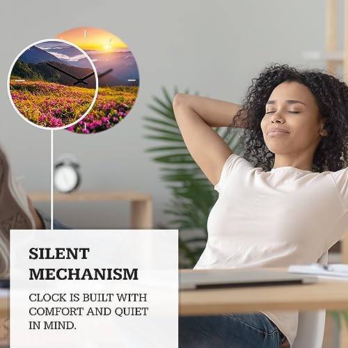 Soul Décor Pink Flower Field Wall Clock, Silent Non-Ticking, Battery Operated Kitchen Clock, Aluminum Composite Face, Suitable for Offices, Bedrooms, and Bathrooms 12 Inch Round