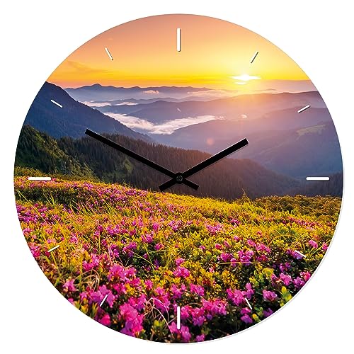Soul Décor Pink Flower Field Wall Clock, Silent Non-Ticking, Battery Operated Kitchen Clock, Aluminum Composite Face, Suitable for Offices, Bedrooms, and Bathrooms 12 Inch Round