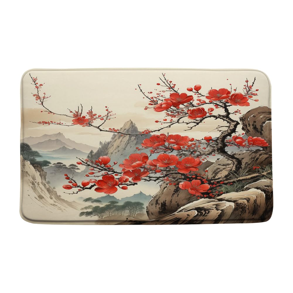 BNYARH Japanese Bath Mat Red Floral Plum Blossom Cherry Blossom Asian Traditional Vintage Landscape Painting Art Microfiber Memory Foam Bathroom Decor Mat 17.7X29.5 Inch