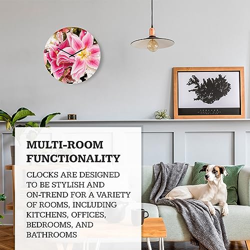 Soul Décor Pink Lilys Flowers Wall Clock, Silent Non-Ticking, Battery Operated Kitchen Clock, Aluminum Composite Face, Suitable for Offices, Bedrooms, and Bathrooms 12 Inch Round