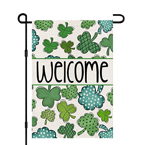 Welcome Spring St Patricks Day Garden Flags 12x18 Double Sided Burlap, Green Shamrock Lucky Sign Farmhouse Small Yard Outdoor Decorations DF197