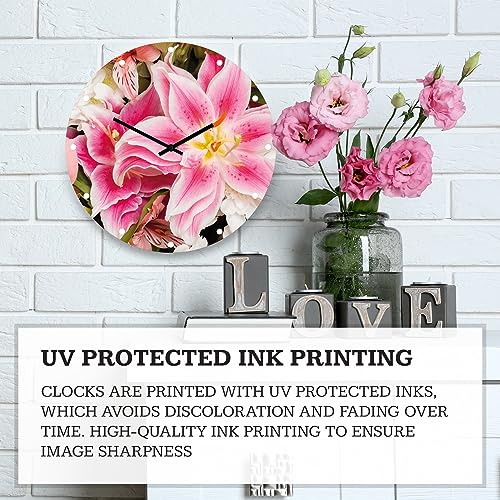 Soul Décor Pink Lilys Flowers Wall Clock, Silent Non-Ticking, Battery Operated Kitchen Clock, Aluminum Composite Face, Suitable for Offices, Bedrooms, and Bathrooms 12 Inch Round