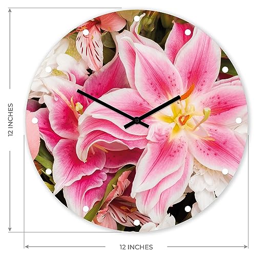 Soul Décor Pink Lilys Flowers Wall Clock, Silent Non-Ticking, Battery Operated Kitchen Clock, Aluminum Composite Face, Suitable for Offices, Bedrooms, and Bathrooms 12 Inch Round