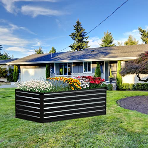 Raised Garden Bed, Galvanized Raised Garden Beds Outdoor for Vegetables Flowers Herbs, Steel Large Deep Root Planter Box, Tall Raised Garden Bed Kit with 1Pc Gloves and Metal Fix Stake, Black 6×3×2FT
