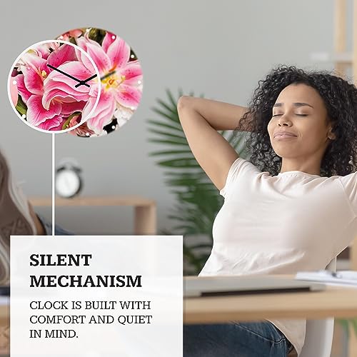 Soul Décor Pink Lilys Flowers Wall Clock, Silent Non-Ticking, Battery Operated Kitchen Clock, Aluminum Composite Face, Suitable for Offices, Bedrooms, and Bathrooms 12 Inch Round