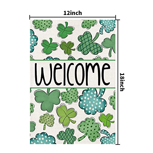 Welcome Spring St Patricks Day Garden Flags 12x18 Double Sided Burlap, Green Shamrock Lucky Sign Farmhouse Small Yard Outdoor Decorations DF197