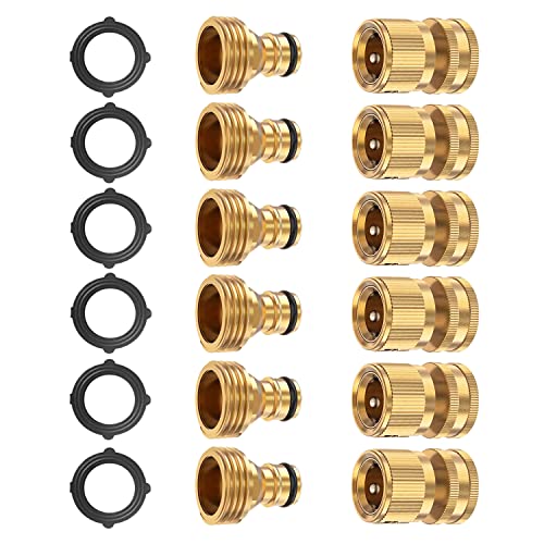 Hopcorner 6 Sets Garden Hose Quick Connector, Solid Brass 3/4 Inch GHT Thread Fitting No-Leak, Water Hose Female and Male Easy Connect