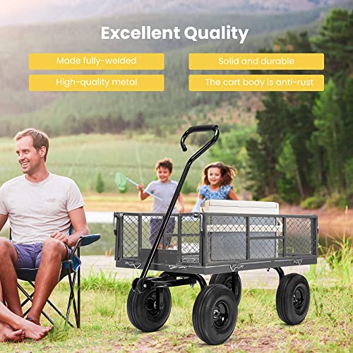 VIVOHOME Heavy Duty 880 Lbs Capacity Mesh Steel Garden Cart Folding Utility Wagon with Removable Sides and 4.10/3.50-4 inch Wheels (Grey)