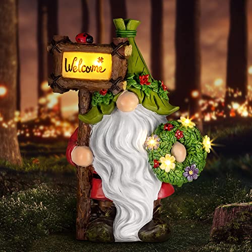 Grovind Solar Garden Gnomes Statue Gnomes Garden Decoration Outdoor Clearance, Solar Gnome Decor with Welcome Sign & LED Lights for Patio Porch Lawn, Outdoor Gnomes Figurines Gift for Women