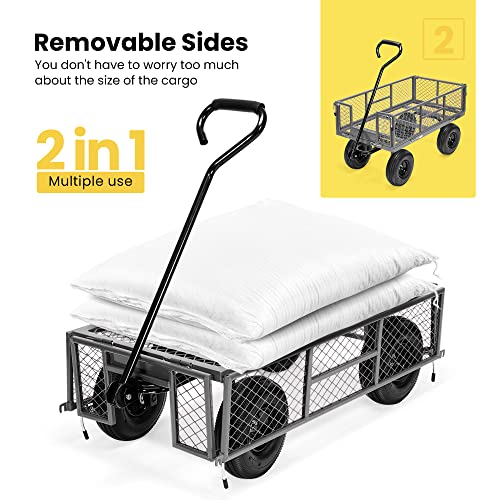 VIVOHOME Heavy Duty 880 Lbs Capacity Mesh Steel Garden Cart Folding Utility Wagon with Removable Sides and 4.10/3.50-4 inch Wheels (Grey)