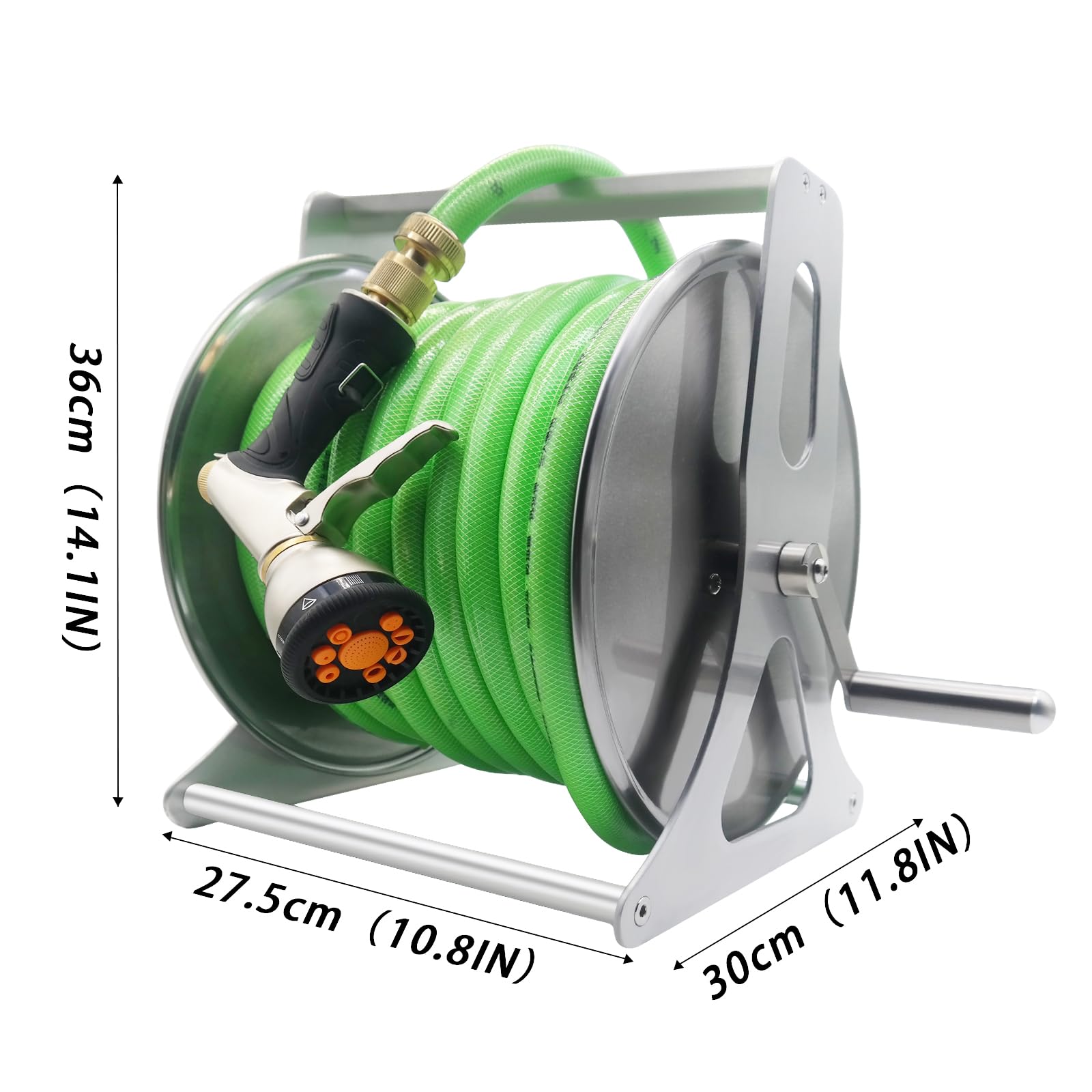 cestzwx Garden Hose Reel, 3/4 Inch x 82 ft + 6 ft Wall Mount Hose Reel, 9 Patterns Hose Nozzle, Heavy Duty Stainless Steel Hose Reel,for Garden Watering