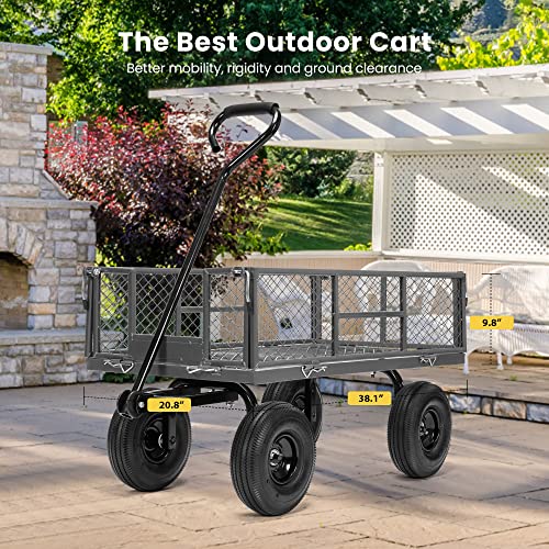VIVOHOME Heavy Duty 880 Lbs Capacity Mesh Steel Garden Cart Folding Utility Wagon with Removable Sides and 4.10/3.50-4 inch Wheels (Grey)