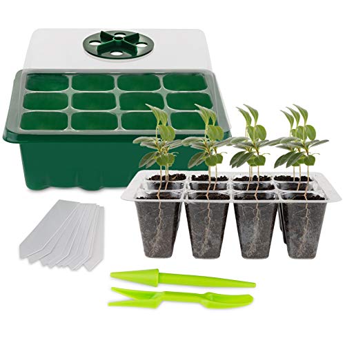 Seed Starter Kit (10 Pack) 12 Cell (120 Total) Seedling Plant Germination Tray for Gardening, Set with: Garden Dome Lids, Base Seed Trays for Soil, Planting Hand Tools, Dibber, Widger, & Plant Tags