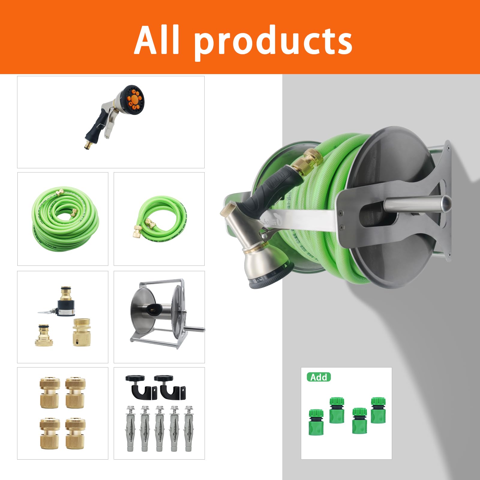 cestzwx Garden Hose Reel, 3/4 Inch x 82 ft + 6 ft Wall Mount Hose Reel, 9 Patterns Hose Nozzle, Heavy Duty Stainless Steel Hose Reel,for Garden Watering