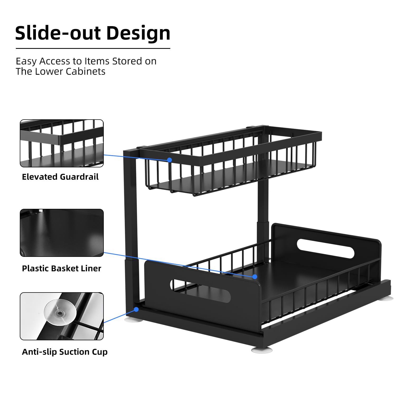 Lxmons 2-Tier Under Sink Slide Out Organizer, 2 Pack Pull Out Cabinet Storage Shelf with Sliding Storage Wire Basket Drawer for Bathroom Kitchen, Countertop or Pantry Storage shelf, Black
