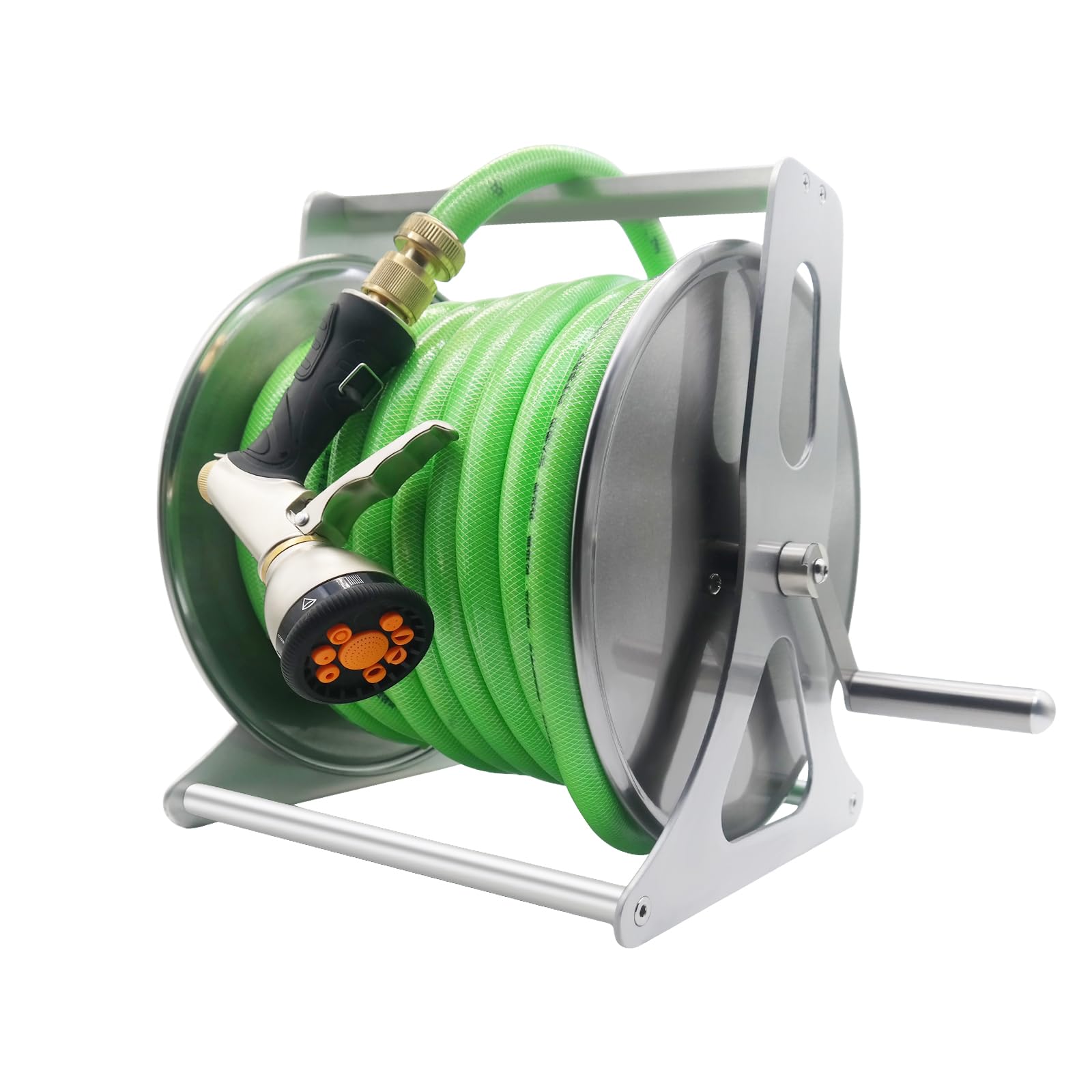 cestzwx Garden Hose Reel, 3/4 Inch x 82 ft + 6 ft Wall Mount Hose Reel, 9 Patterns Hose Nozzle, Heavy Duty Stainless Steel Hose Reel,for Garden Watering