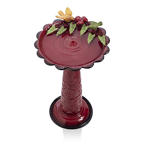 Alpine Corporation 28" Tall Outdoor Metal Birdbath with Birds and Leaves Yard Statue Decoration, Red