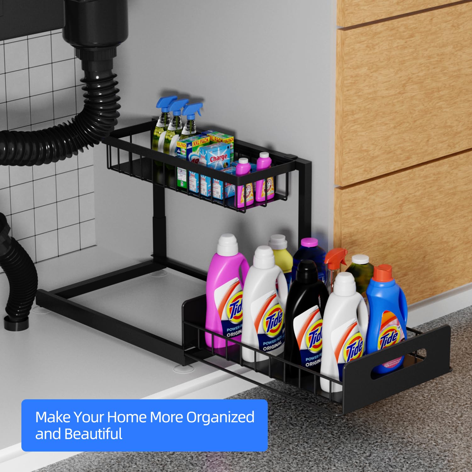 Lxmons 2-Tier Under Sink Slide Out Organizer, 2 Pack Pull Out Cabinet Storage Shelf with Sliding Storage Wire Basket Drawer for Bathroom Kitchen, Countertop or Pantry Storage shelf, Black