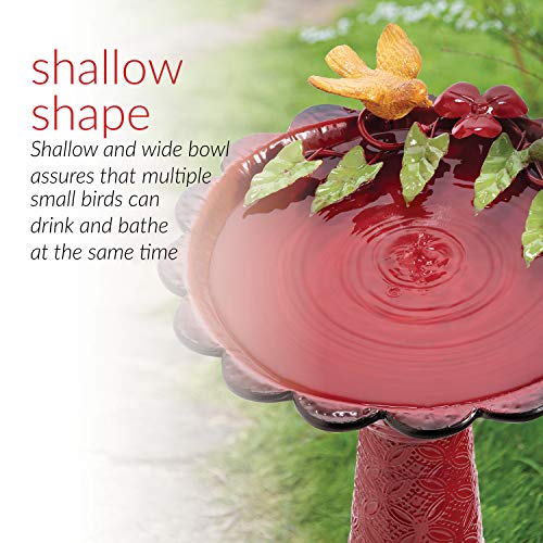 Alpine Corporation 28" Tall Outdoor Metal Birdbath with Birds and Leaves Yard Statue Decoration, Red