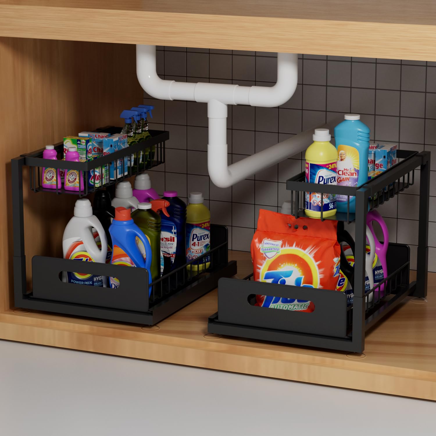 Lxmons 2-Tier Under Sink Slide Out Organizer, 2 Pack Pull Out Cabinet Storage Shelf with Sliding Storage Wire Basket Drawer for Bathroom Kitchen, Countertop or Pantry Storage shelf, Black