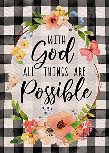 Furiaz With God All Things are Possible Easter Religious Small Decorative Garden Flag, Spring Inspirational Faith Yard Buffalo Plaid Check Outside Decoration, Summer Outdoor Decor 12x18