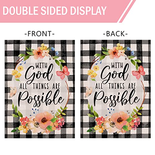 Furiaz With God All Things are Possible Easter Religious Small Decorative Garden Flag, Spring Inspirational Faith Yard Buffalo Plaid Check Outside Decoration, Summer Outdoor Decor 12x18