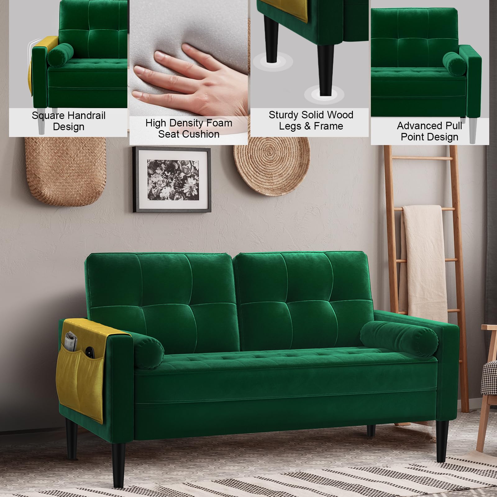 FURNIMAT 58 Inch Green Loveseat Sofa, 2 Seater Sofa for Small Space, Button Tufted Velvet Couch with 2 Pillows, Mid Century Modern Couch, Small Couches for Living Room, Bedroom, Apartment