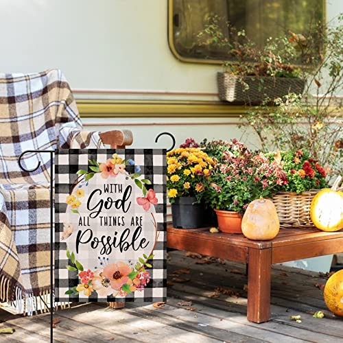 Furiaz With God All Things are Possible Easter Religious Small Decorative Garden Flag, Spring Inspirational Faith Yard Buffalo Plaid Check Outside Decoration, Summer Outdoor Decor 12x18