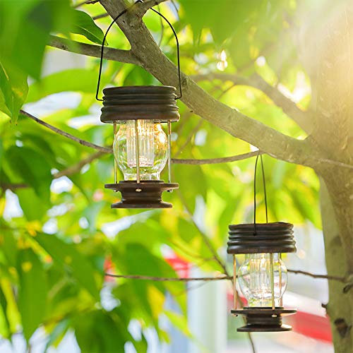 Pearlstar Solar Lantern Outdoor Waterproof Hanging Solar Garden Lights - 2 Pack Solar Powered Landscape Christmas Lanterns with Retro Design for Patio, Yard, Garden and Pathway Decor ( Warm Light )