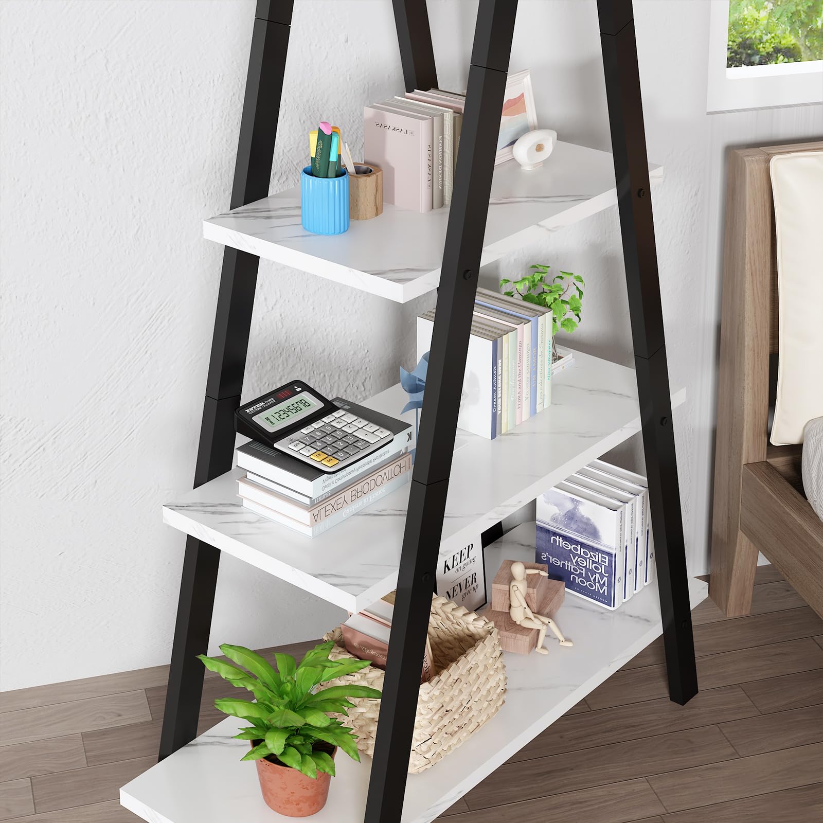 Recaceik 4-Tier Bookshelf, A-Shaped Bookcase Industrial Ladder Shelf Open Display Shelves with Metal Frame, Freestanding Plant Stand Book Shelf Open Storage Organizer for Living Room, Home Office