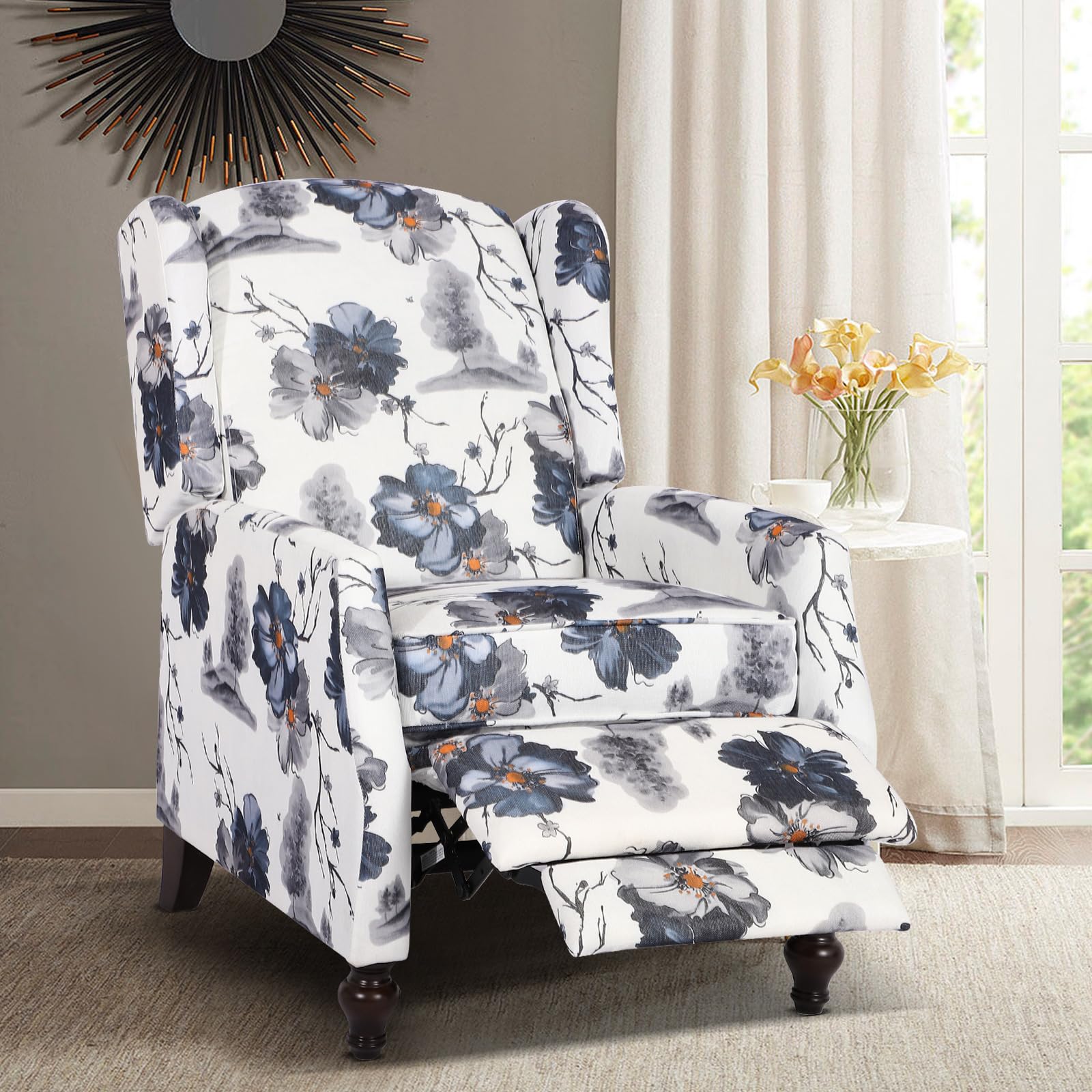 B BAIJIAWEI Wingback Recliner Chair - Tufted Arm Chair Recliner - Fabric Push Back Recliner Chair for Living Room Adjustable Backrest (Single, Blue Floral)