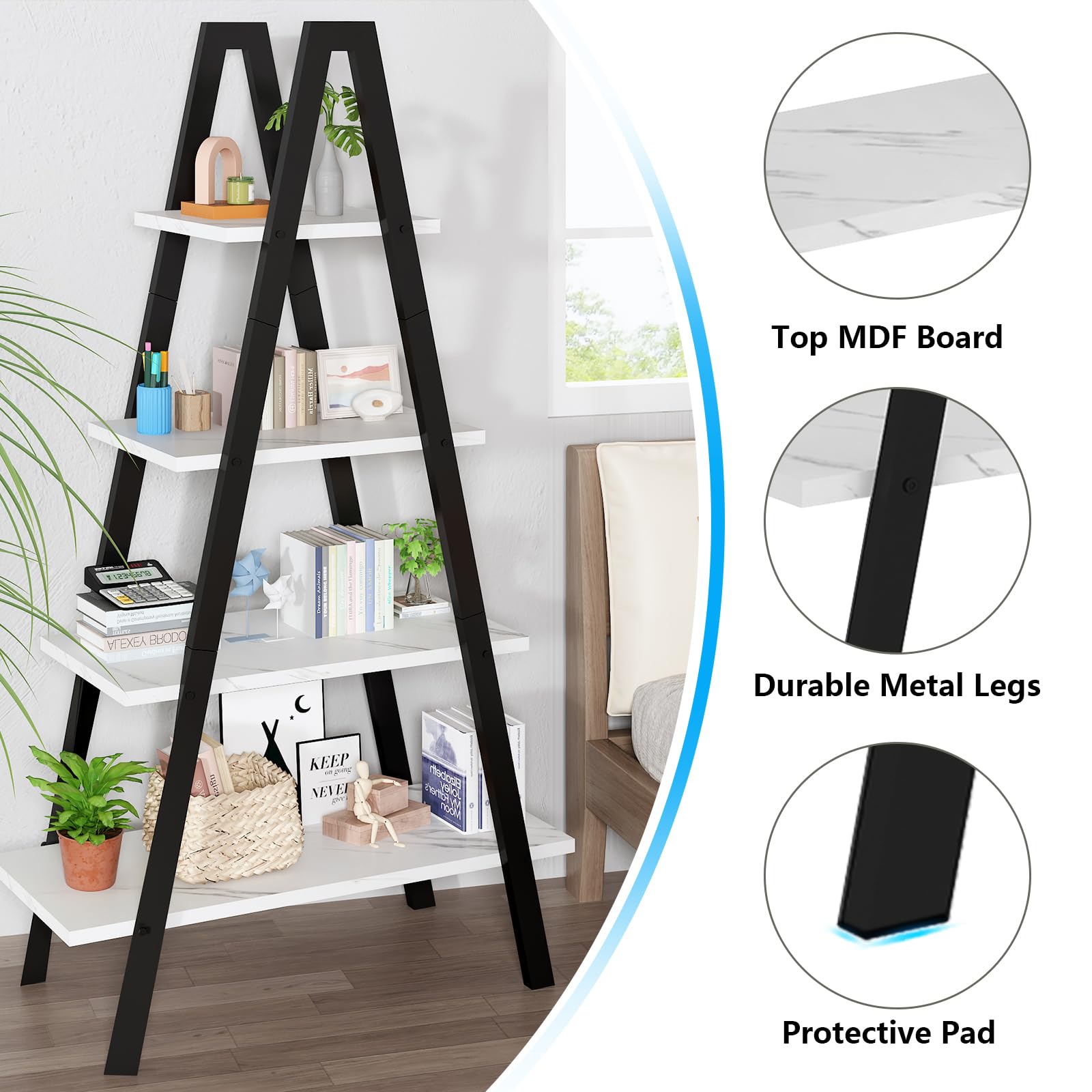 Recaceik 4-Tier Bookshelf, A-Shaped Bookcase Industrial Ladder Shelf Open Display Shelves with Metal Frame, Freestanding Plant Stand Book Shelf Open Storage Organizer for Living Room, Home Office