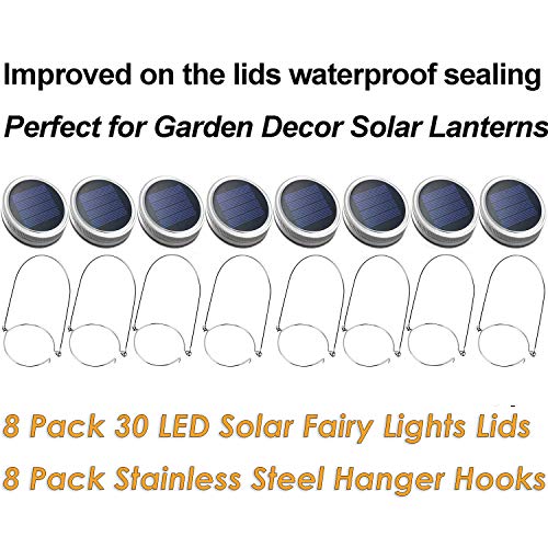 Mason Jar Solar Lantern Lights, 8 Pack 30 LED Bulbs Fairy Star Firefly Solar Lids Jar Lights,8 Hangers Included(No Jars),for Patio Garden Mason Jar Lanterns Table Wedding Decorations Lights