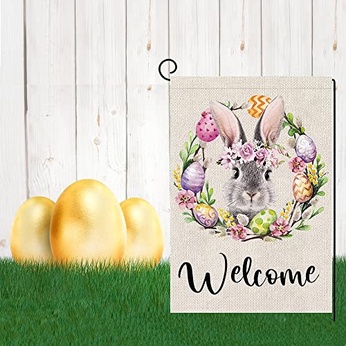 DmHirmg Easter Garden Flag,Double Sided Burlap Garden Flag,Easter Bunny Wreath Decorative House Flag Vertical Yard Sign for Home Party Yard Outdoor Decoration,Yard Dcorations